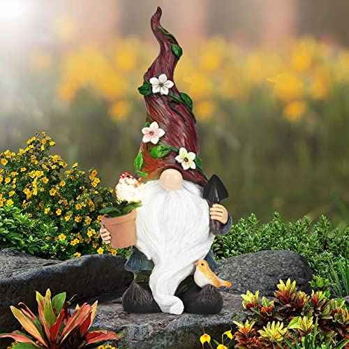 grinshin Outdoor Garden Gnome Statue,Resin Gnome Figurine with Solar Led Lights, Outside Decor for Patio Yard Lawn Porch Decorations, Ornament Gifts (Blue Statue)