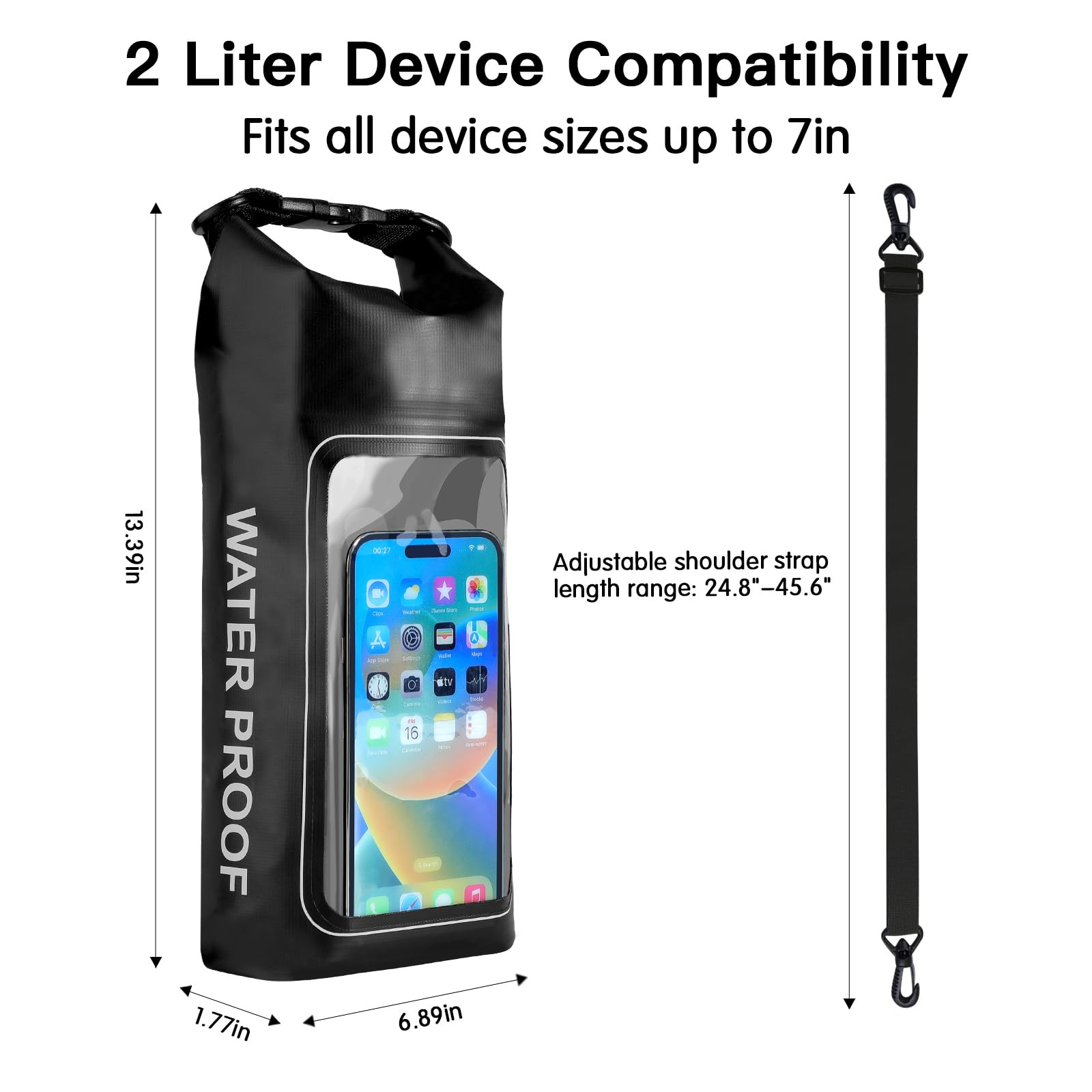 HUGSEE 2L Waterproof Dry Bag Backpack with Integrated Clear Phone Pouch for Outdoor Activities, Black