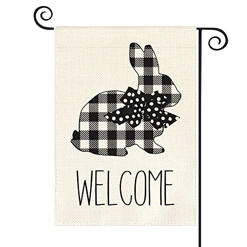 AVOIN colorlife Easter Buffalo Plaid Rabbit Garden Flag 12x18 Inch Double Sided Outside, Bunny Welcome Polka Dot Bow Yard Outdoor Decoration
