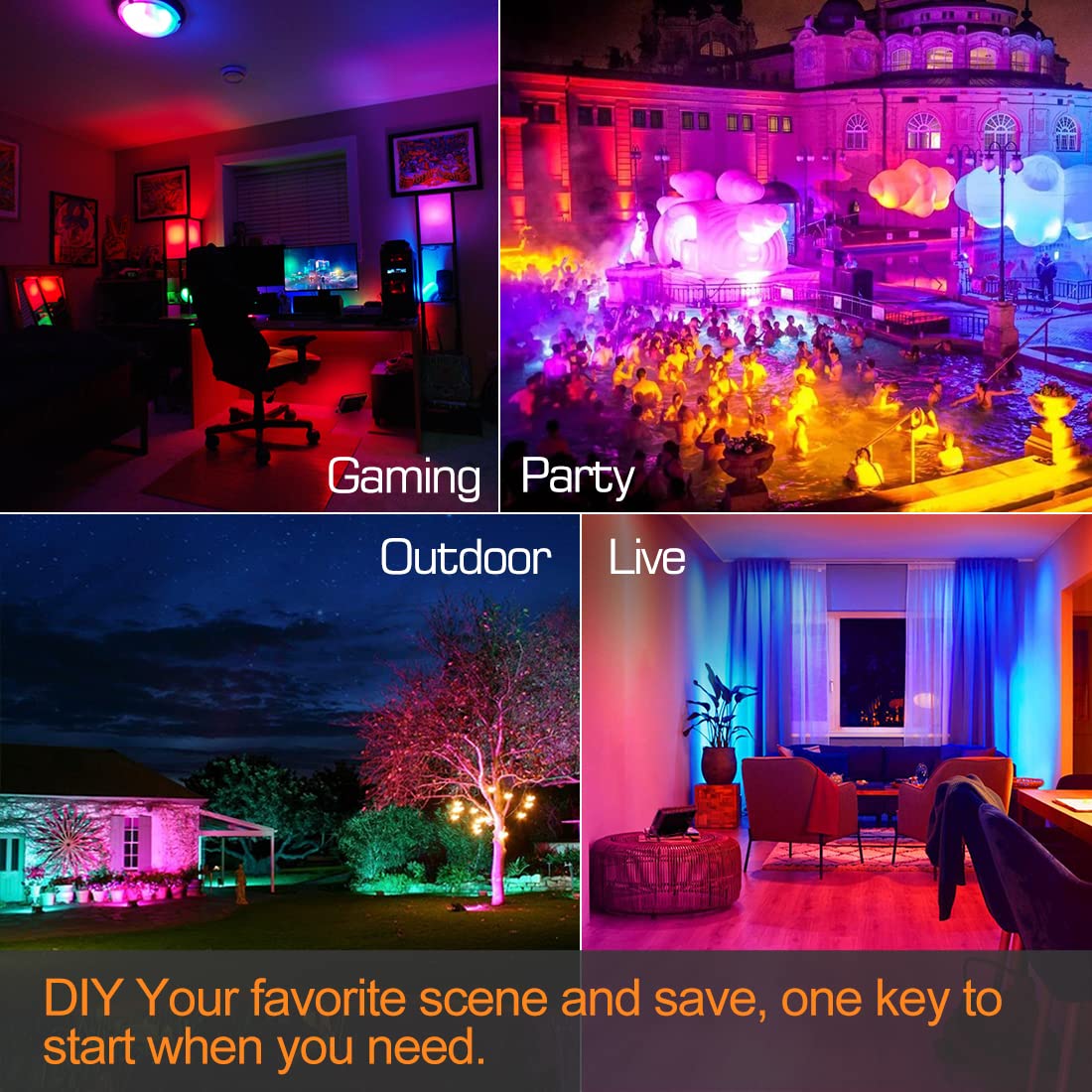 MELPO LED Flood Light Outdoor, 500W Equivalent 5000LM Smart RGB Landscape Lighting with APP Control, DIY Scenes - Timing - Warm White 2700K - Color Changing Uplight, IP66 Waterproof US Plug (4 Pack)