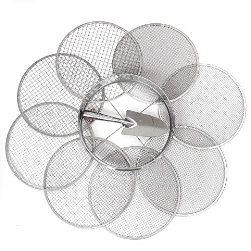 Practicool Garden Potting Mix Sieve - Stainless Steel Riddle - Soil sifting pan - with 8 Interchangeable Filter mesh Sizes - 2,3,4,6,7,9,11,12 mm and Bonus Spade