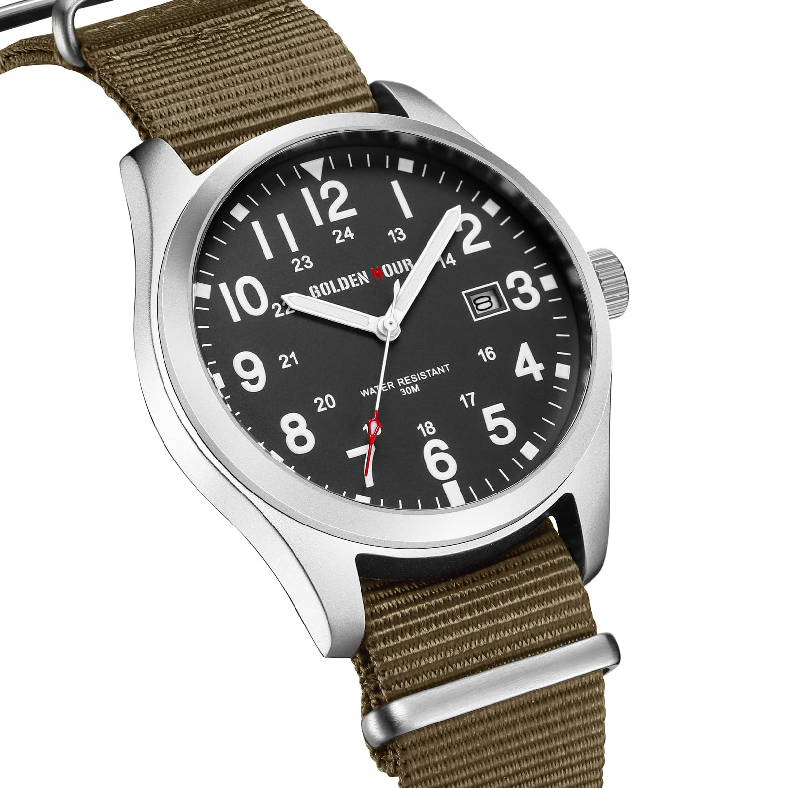 GOLDEN HOUR Men's Nylon Slip-Thru Strap Watch with Military Time Easy Read Dial Glowing Hands in Silver Brown
