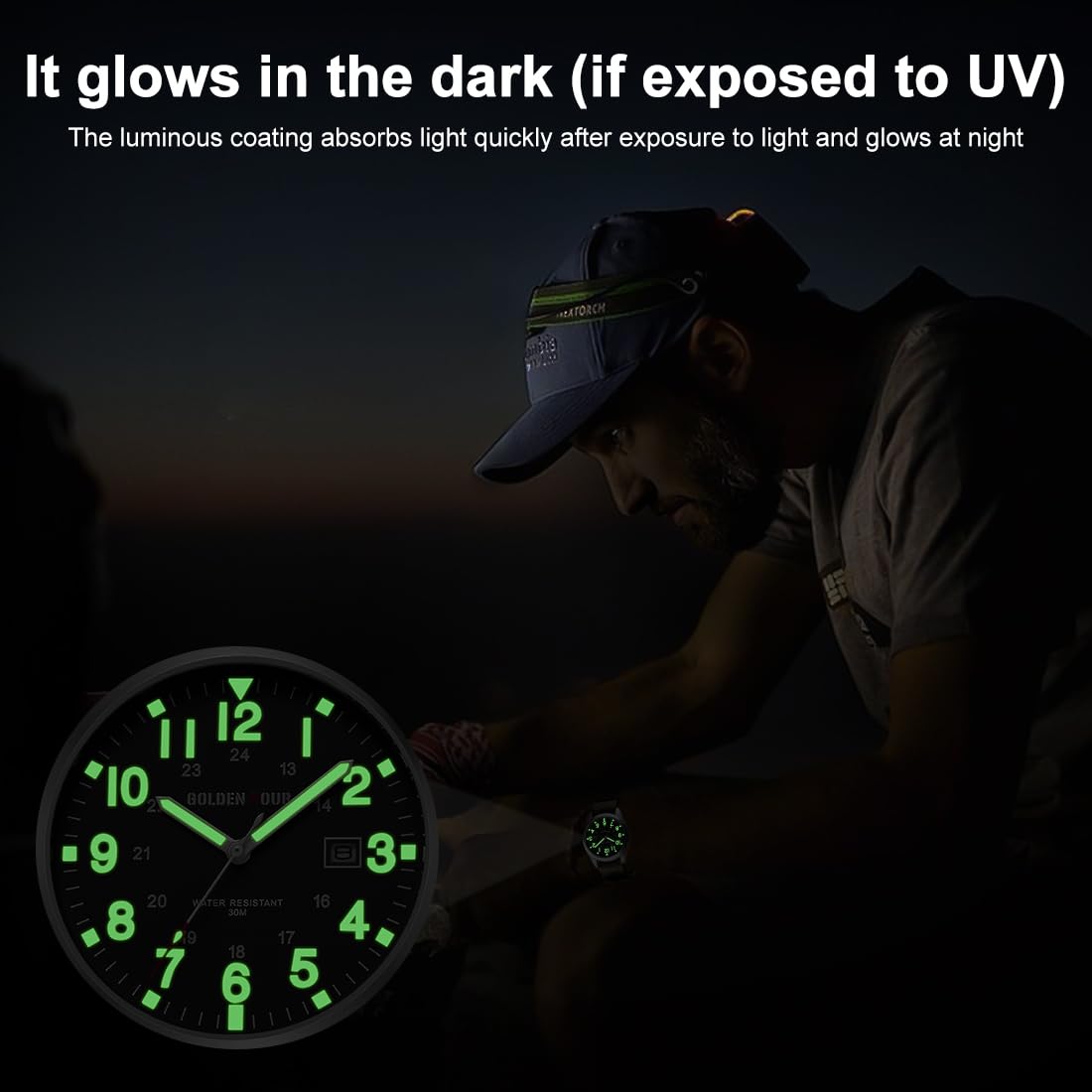 GOLDEN HOUR Men's Nylon Slip-Thru Strap Watch with Military Time Easy Read Dial Glowing Hands in Silver Brown