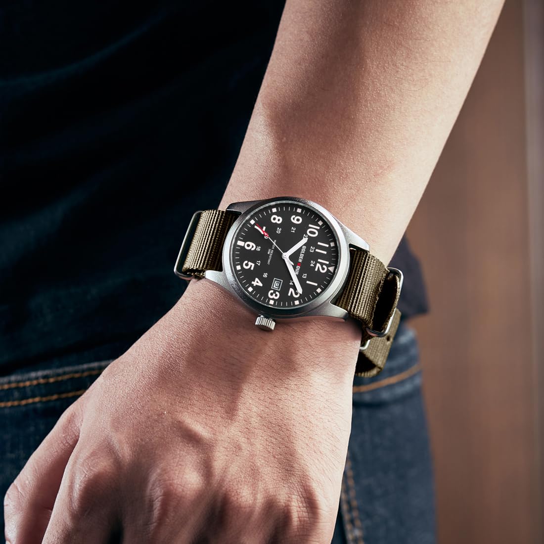 GOLDEN HOUR Men's Nylon Slip-Thru Strap Watch with Military Time Easy Read Dial Glowing Hands in Silver Brown
