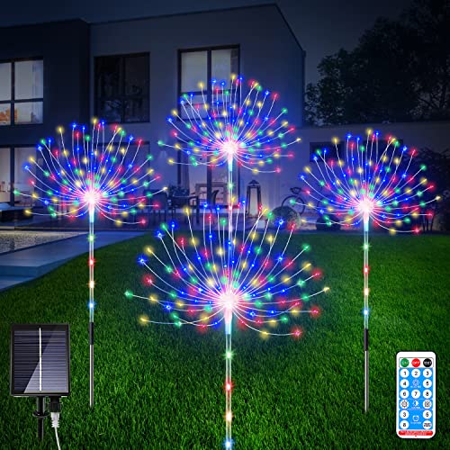 AOFLICT Solar Garden Lights, 4 Pack Colorful Waterproof Solar Garden Fireworks Lamp with Remote 126 LED Fireworks Solar Lights Outdoor 8 Modes Landscape Light for Lawn, Yard, Flowerbed, Pathway