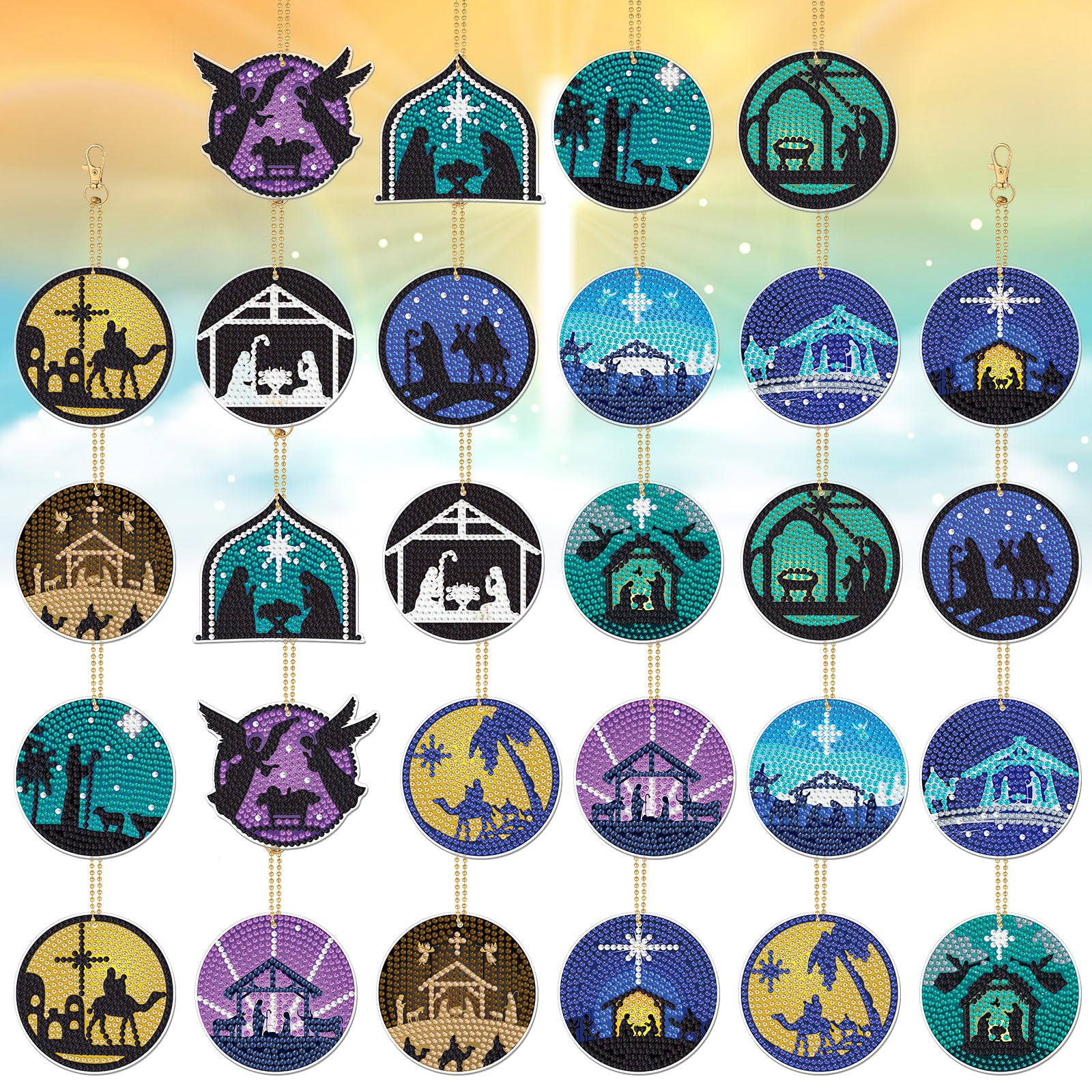 Estune 28 Pcs Christmas Nativity Scene Diamond Painting Keychain for Adult Christmas 5D DIY Diamond Painting Art Keychain Decor Keychain Making Kit Diamond Key Diamond Ornaments Craft Accessories