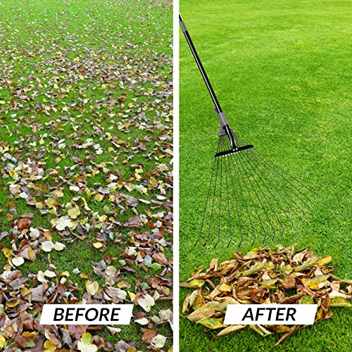 Walensee Garden Leaf Rake 64 Inch Adjustable Folding Leaves Rake Tools Metal Rake with Expandable Head from 7-22 Inch Expanding 15 Tines Shrub Rake to Collect Leaf & Poop Among Lawn and Yards 1 Pack