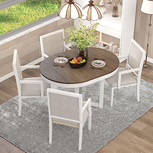 WOZNLA 5-Piece Dining Table Set - Round to Oval Extendable Butterfly Leaf Wood Table with 4 Upholstered Dining Chairs with Armrests - Ideal for Kitchen and Family Gatherings
