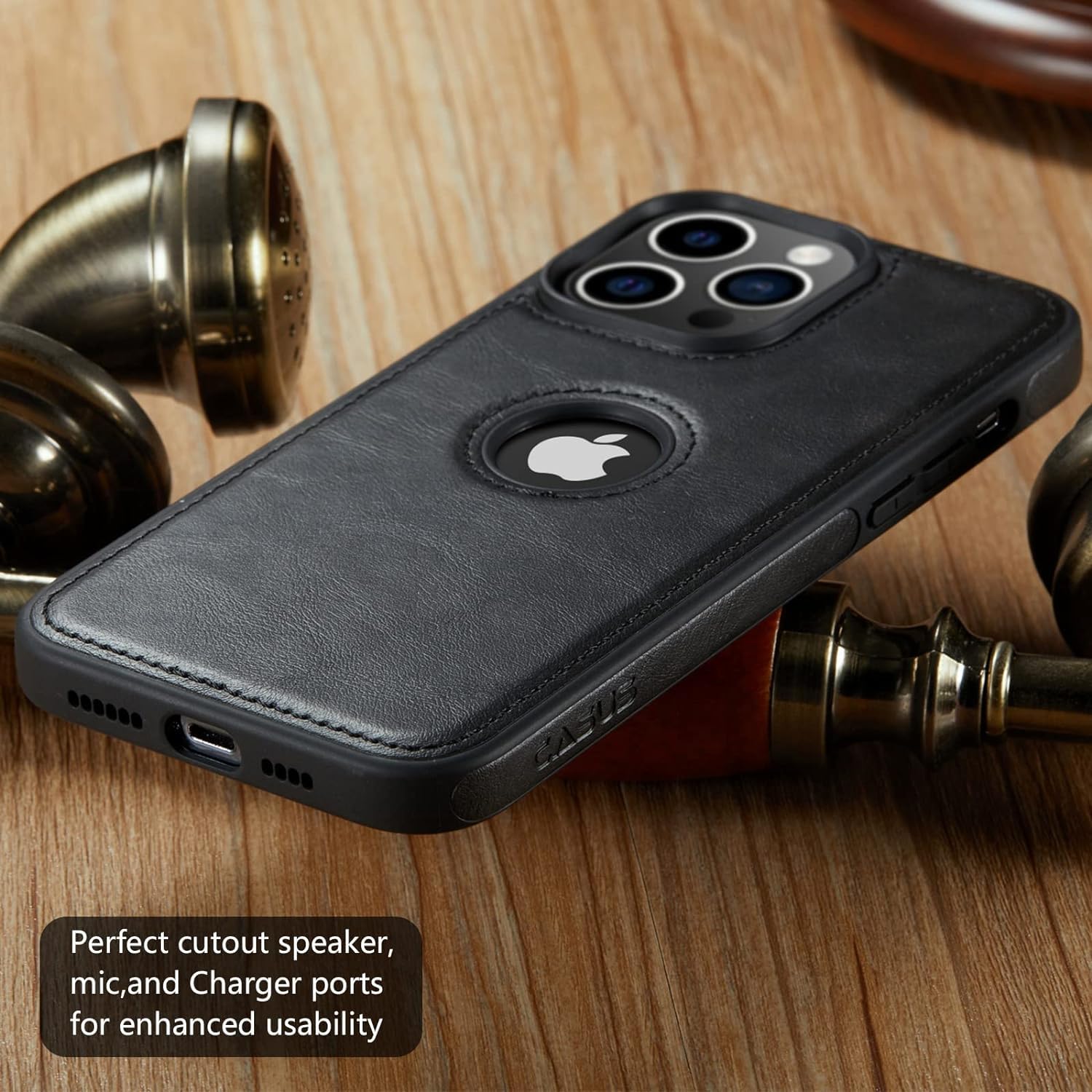 Casus Designed for iPhone 15 Pro Max Case Vegan Leather Slim Logo View Classic Luxury Elegant Thin Protective Cover (2023) 6.7" (Black)