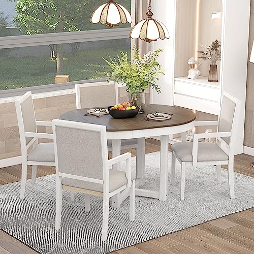 WOZNLA 5-Piece Dining Table Set - Round to Oval Extendable Butterfly Leaf Wood Table with 4 Upholstered Dining Chairs with Armrests - Ideal for Kitchen and Family Gatherings