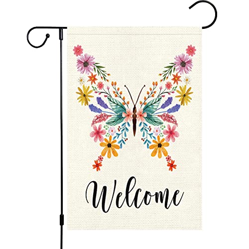 Welcome Spring Floral Garden Flag 12x18 Double Sided, Burlap Small Vertical Spring Butterfly Flower Garden Yard Flags for Seasonal Outside Outdoor House Decoration (Only Flag)