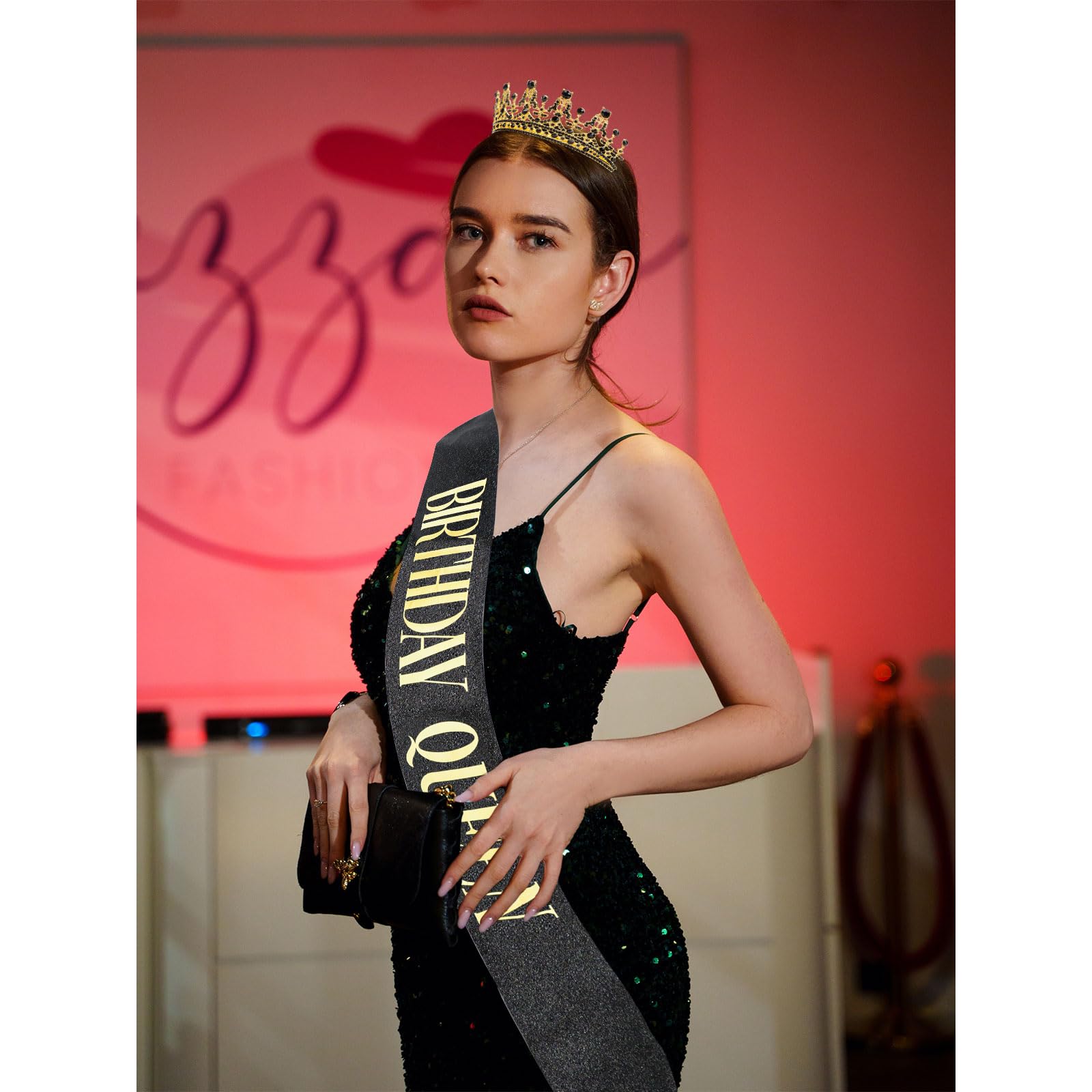 GAFATORY Black Gold Birthday Queen Crown and Sash for Women Princess Tiara and Sash for Girls