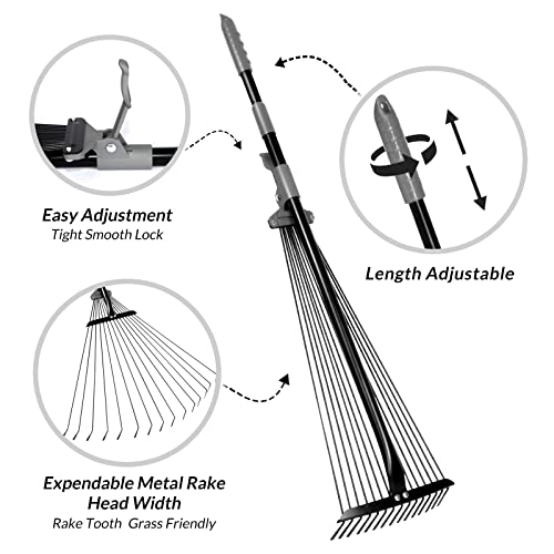 Walensee Garden Leaf Rake 64 Inch Adjustable Folding Leaves Rake Tools Metal Rake with Expandable Head from 7-22 Inch Expanding 15 Tines Shrub Rake to Collect Leaf & Poop Among Lawn and Yards 1 Pack