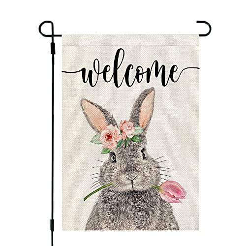 CROWNED BEAUTY Easter Grey Bunny Garden Flag 12x18 Inch Double Sided for Outside Burlap Small Welcome Yard Holiday Flag CF702-12