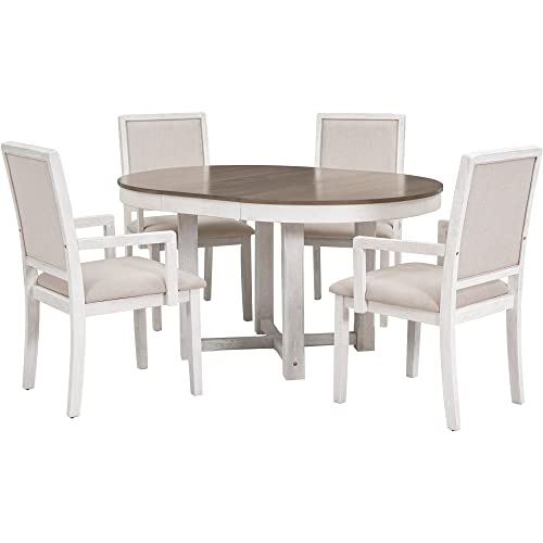 WOZNLA 5-Piece Dining Table Set - Round to Oval Extendable Butterfly Leaf Wood Table with 4 Upholstered Dining Chairs with Armrests - Ideal for Kitchen and Family Gatherings