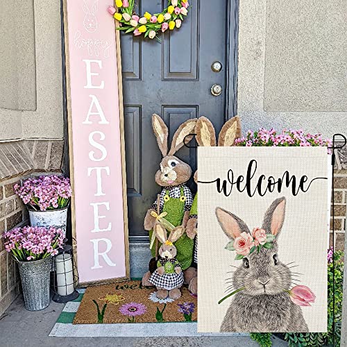 CROWNED BEAUTY Easter Grey Bunny Garden Flag 12x18 Inch Double Sided for Outside Burlap Small Welcome Yard Holiday Flag CF702-12
