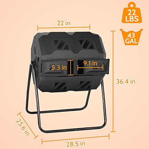 43 Gallon Compost Bin Outdoor Tumbling Composting Bins Compost Tumbler Bucket Trash Can w/Dual Chamber Sliding Doors for Garden Patio,Black Door