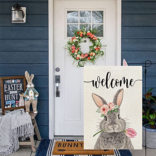 CROWNED BEAUTY Easter Grey Bunny Garden Flag 12x18 Inch Double Sided for Outside Burlap Small Welcome Yard Holiday Flag CF702-12