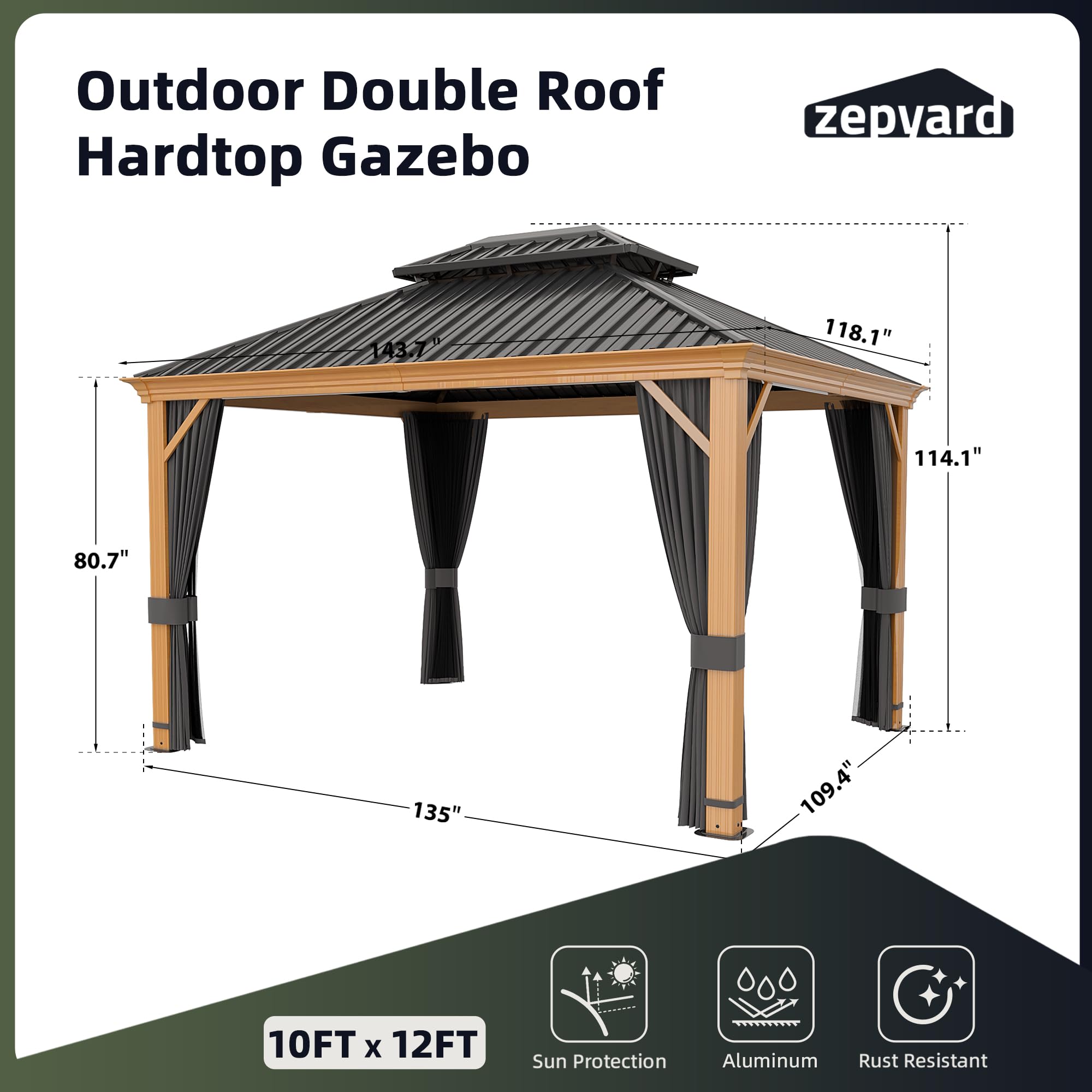 ZEPYARD 10x12 FT Hardtop Gazebo, Metal Outdoor Frame with Wood-Grain Coating, Netting and Curtains, Double Galvanized Steel Roof, Patio Hard Top Gazebo for Backyard, Deck, Poolside (Grey)