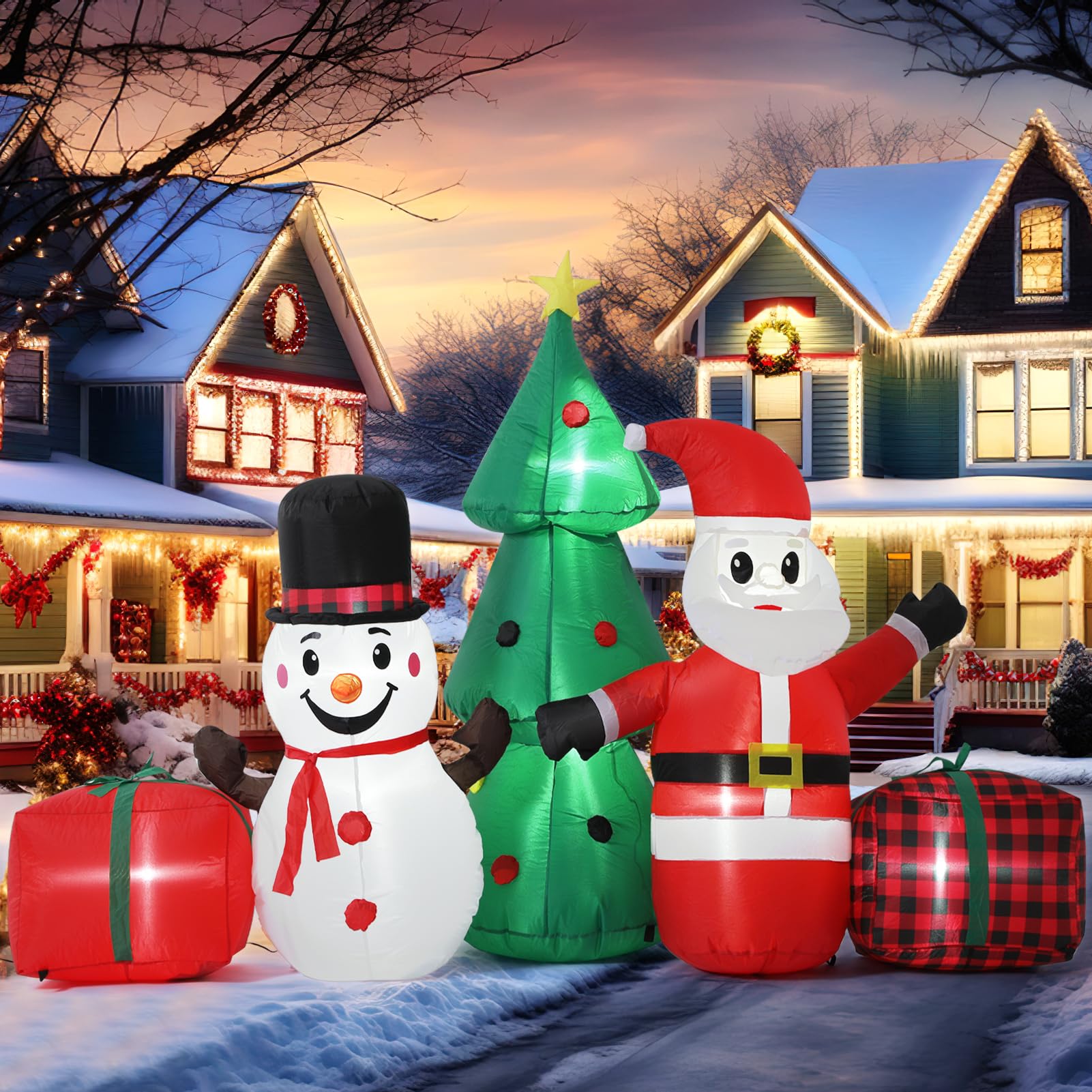 ZOOS Christmas Inflatables Outdoor Decorations 8x5FT Inflatable Christmas Yard Decorations Lighted Inflatable Christmas Tree Snowman Santa Claus Gift Box, Inflatable Outdoor Holiday Yard Decorations