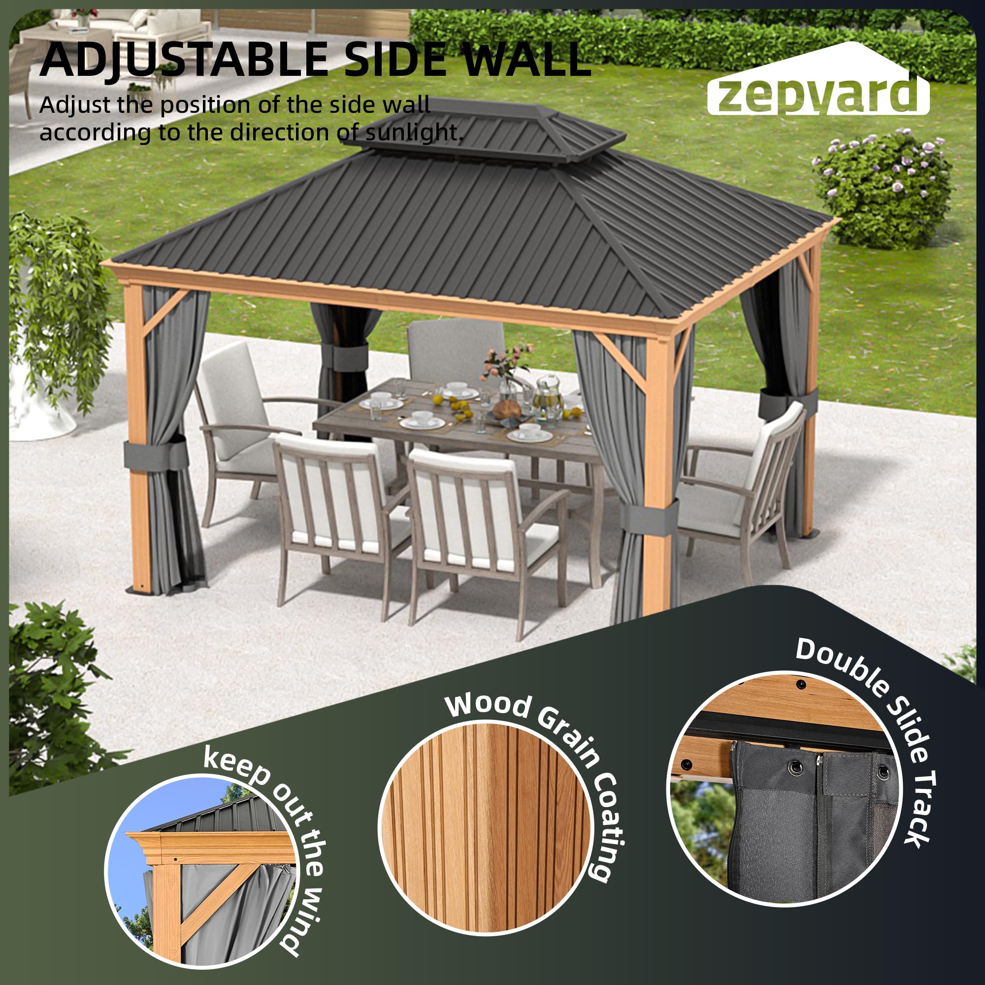 ZEPYARD 10x12 FT Hardtop Gazebo, Metal Outdoor Frame with Wood-Grain Coating, Netting and Curtains, Double Galvanized Steel Roof, Patio Hard Top Gazebo for Backyard, Deck, Poolside (Grey)