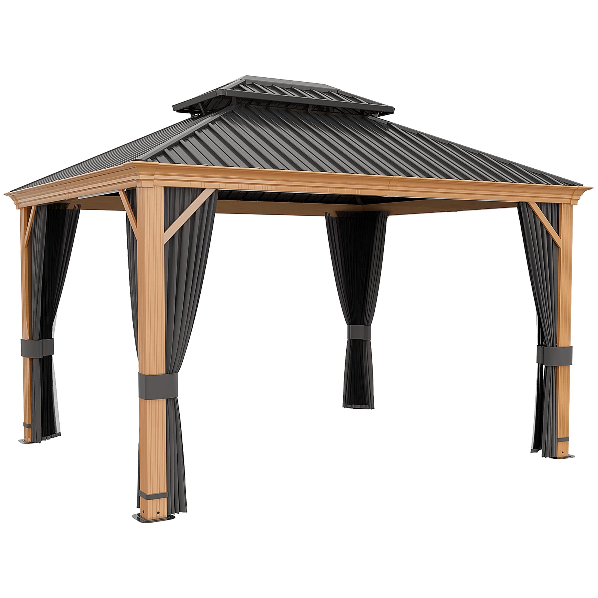 ZEPYARD 10x12 FT Hardtop Gazebo, Metal Outdoor Frame with Wood-Grain Coating, Netting and Curtains, Double Galvanized Steel Roof, Patio Hard Top Gazebo for Backyard, Deck, Poolside (Grey)