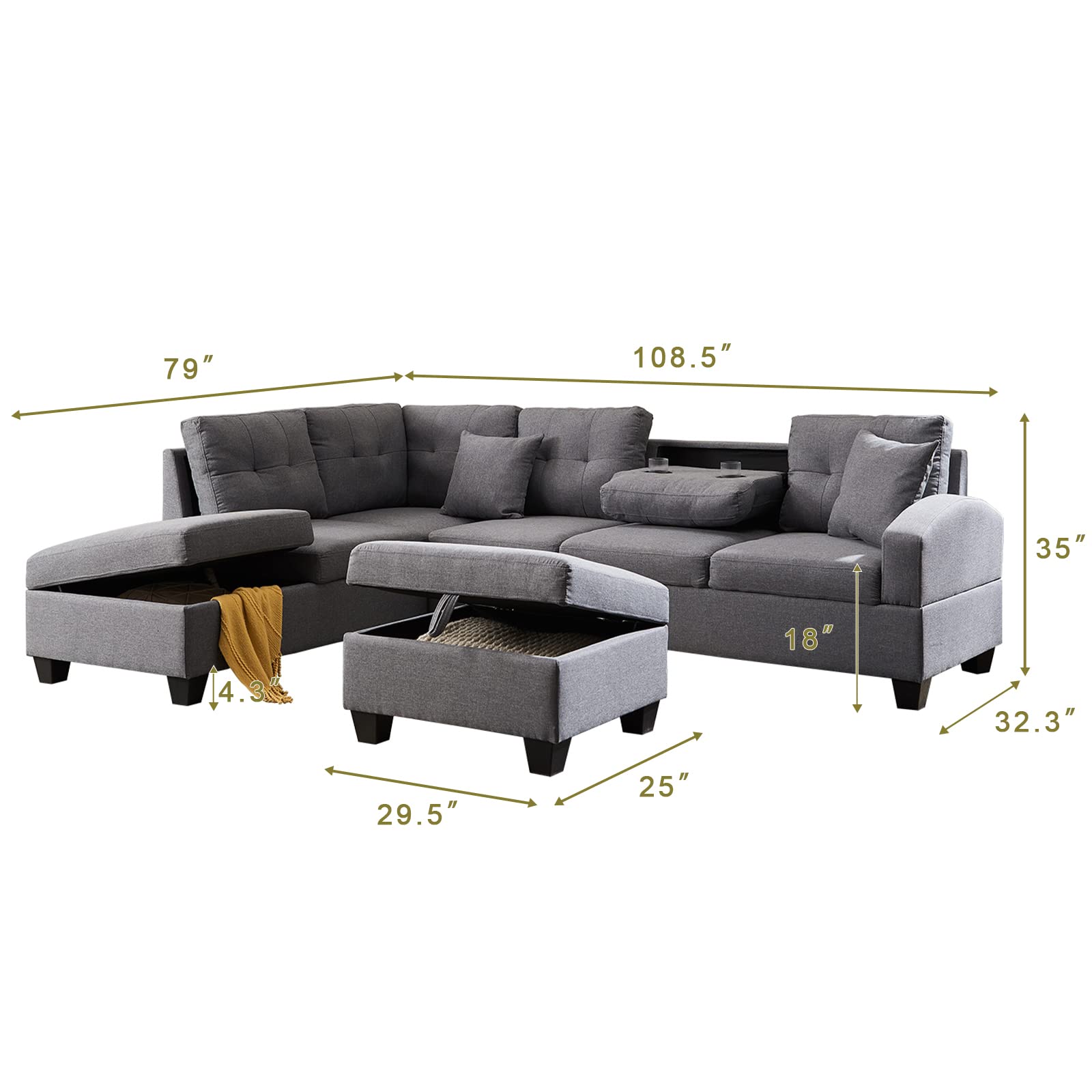 Unovivy Sectional Couches for Living Room, 109" L Shaped Upholstered Sofa with Chaise, Ottoman and Cup Holders, 3-Piece Fabric Furniture Sets, Suitable for Large Space & Apartment, Gray