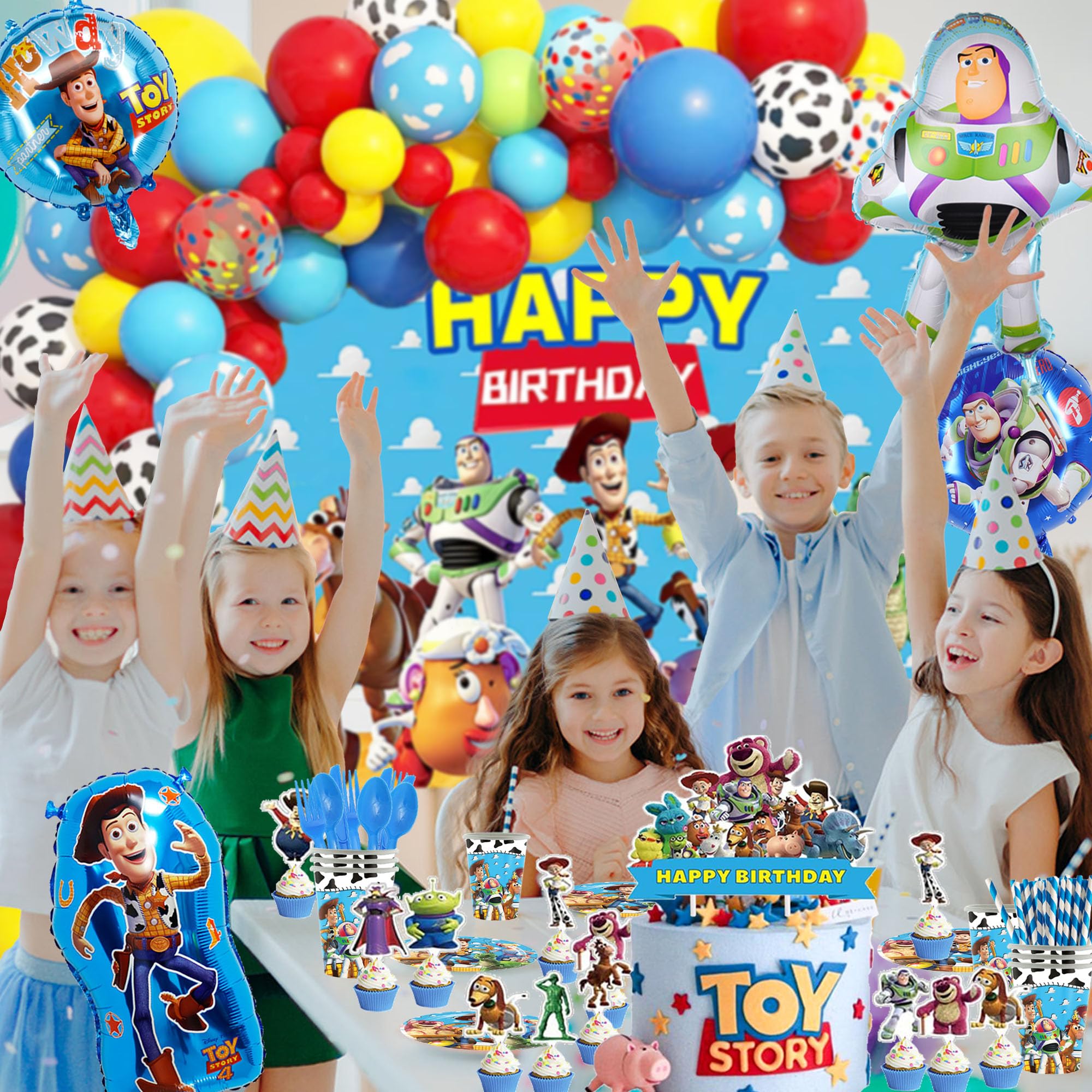 269Pcs Birthday Party Supplies, Cartoon Birthday Party Decorations for Serves 10 Guests, Include Backdrop, Cake & Cupcake Toppers, Latex Balloons, Tablecloth, Tableware, Foil Balloons and Stickers