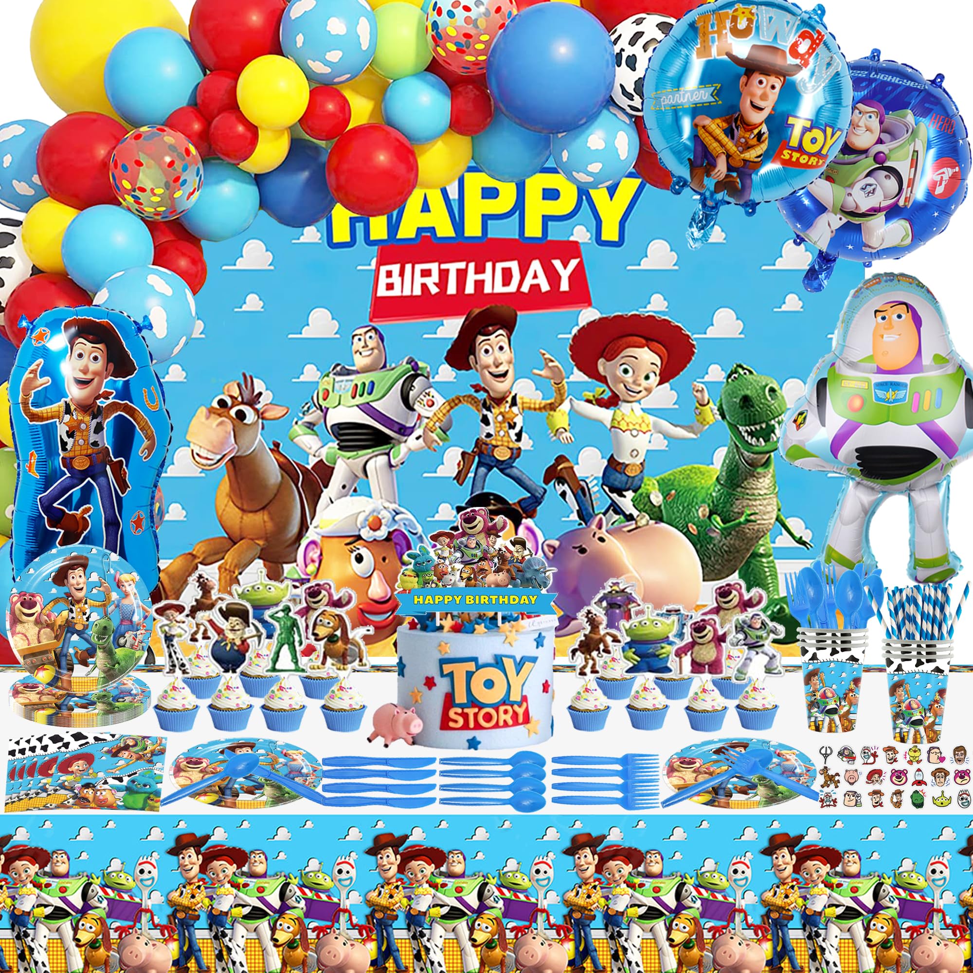 269Pcs Birthday Party Supplies, Cartoon Birthday Party Decorations for Serves 10 Guests, Include Backdrop, Cake & Cupcake Toppers, Latex Balloons, Tablecloth, Tableware, Foil Balloons and Stickers