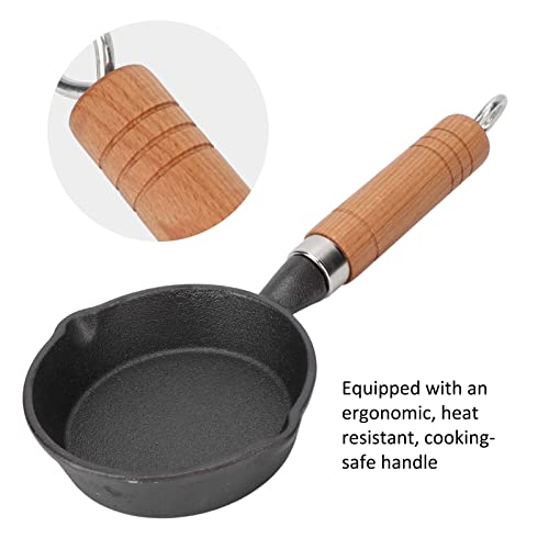 Topyond 10CM Casting Iron Grill Pan, Flat Bottomed Egg Frying Pan Even Heating Bbq Pan with Wood Handle for BBQ Cooking