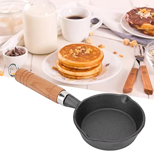 Topyond 10CM Casting Iron Grill Pan, Flat Bottomed Egg Frying Pan Even Heating Bbq Pan with Wood Handle for BBQ Cooking