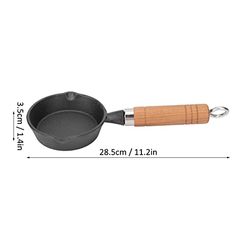 Topyond 10CM Casting Iron Grill Pan, Flat Bottomed Egg Frying Pan Even Heating Bbq Pan with Wood Handle for BBQ Cooking