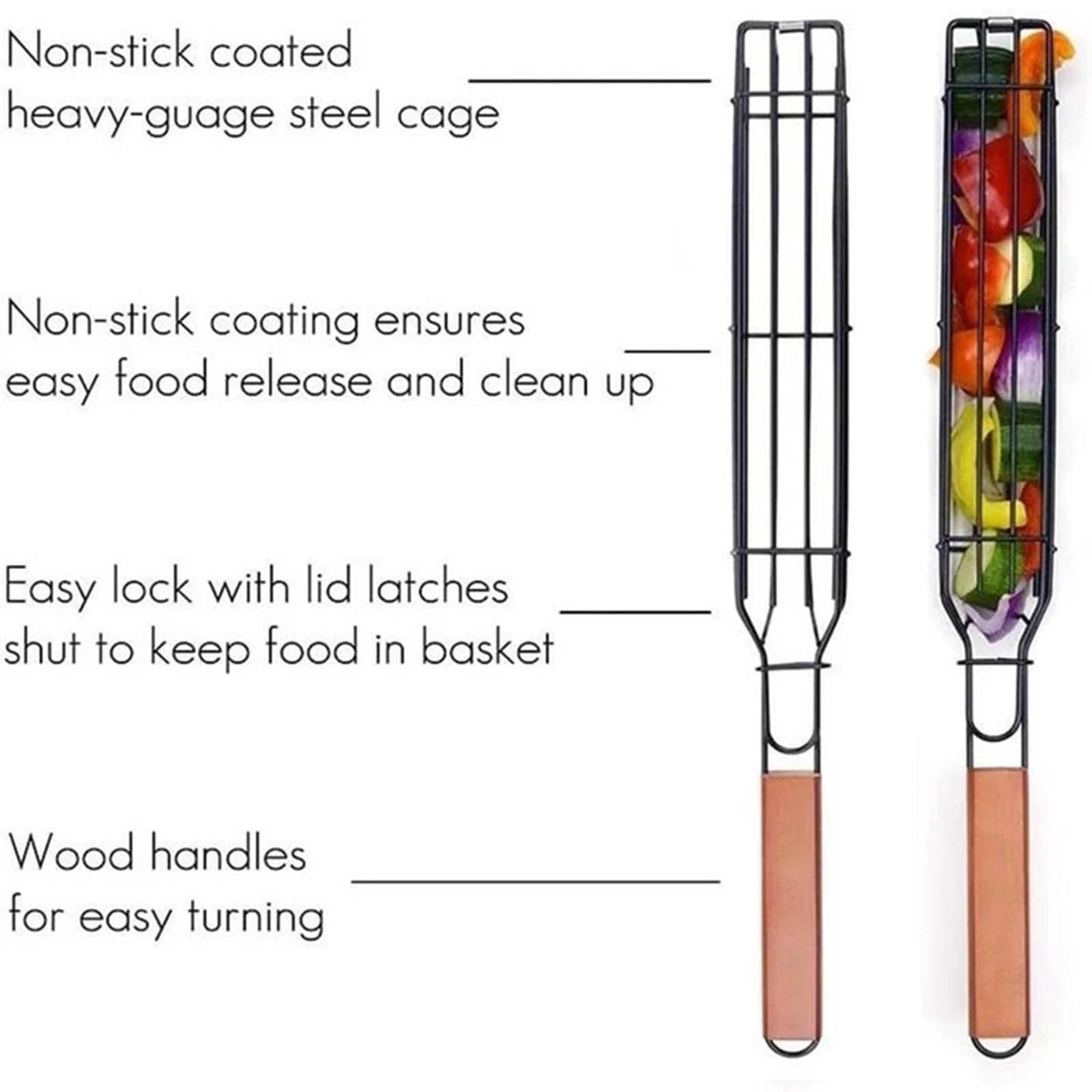 Grilling Basket - BBQ Grill Accessories and Grill Grate, Duty Stainless Steel BBQ Grill Box Tool With Lockable And Wood Handle for Veggies, Meat, Seafood, and More