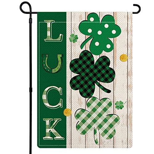 YOVOYOA St Patricks Day Garden Flag, 12.5 x 18 Inch Double Sided Green Shamrock Clover Spring Flag, Rustic Luck Shamrock Buffalo Plaid Flag for Yard Patio Outdoor Farmhouse Decor