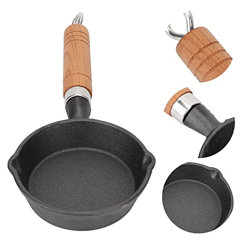 Topyond 10CM Casting Iron Grill Pan, Flat Bottomed Egg Frying Pan Even Heating Bbq Pan with Wood Handle for BBQ Cooking