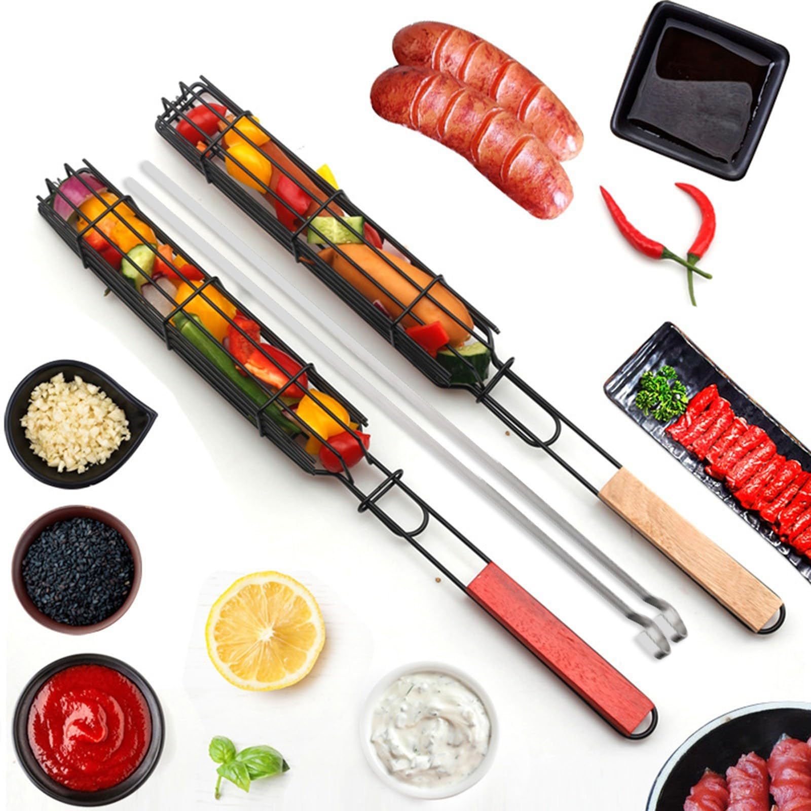 Grilling Basket - BBQ Grill Accessories and Grill Grate, Duty Stainless Steel BBQ Grill Box Tool With Lockable And Wood Handle for Veggies, Meat, Seafood, and More