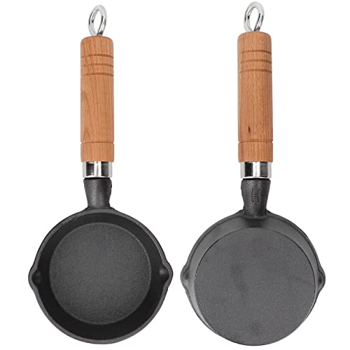 Topyond 10CM Casting Iron Grill Pan, Flat Bottomed Egg Frying Pan Even Heating Bbq Pan with Wood Handle for BBQ Cooking