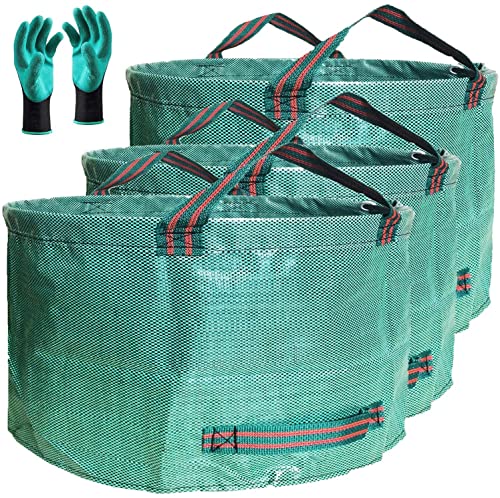 Professional 3-Pack 63 Gallons Lawn Garden Bags (D31, H19 inches) Reusable Yard Waste Bag with Gardening Gloves - Patio Standable Bag,Leaf Bag,Trash Containers,Plant Clippings Bag with 4 Handles
