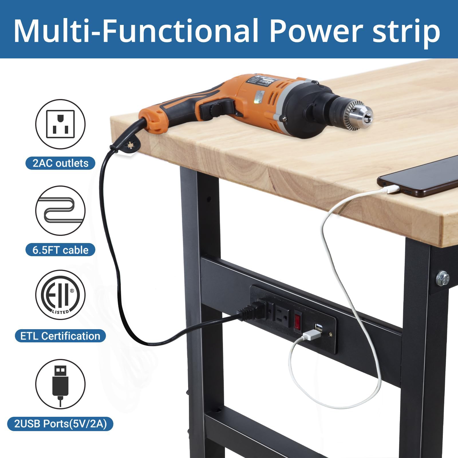 Work Bench, 48" Adjustable Height Work Table, Heavy Duty Oak Wood Workbench, Garage Work Bench Table, 2000 LBS Load Garage Workbench with Power Outlet for Garage/Kitchen/Home/Office