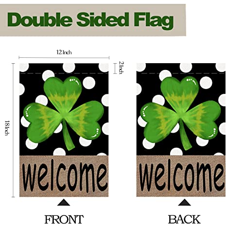 St Patricks Day Welcome Garden Flag Spring Clover 12 x 18 Inch Vertical Double Sided Burlap Polka Dot Shamrock Farmhouse Yard Outdoor Decoration