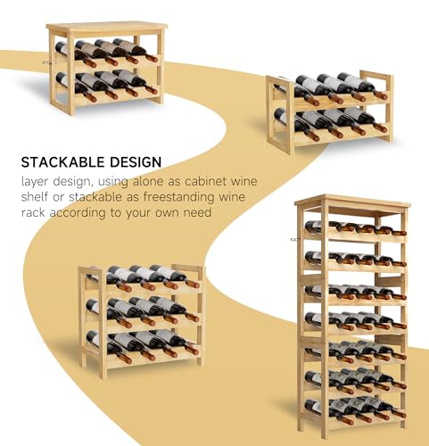28-Bottle Wine Rack Free Standing Floor, Solid Wood 7-Tier Display Wine Storage Shelves with Tabletop, Wobble-Free Bottle Holder for Cellar Kitchen Bar Dining Room Living Room, Oak