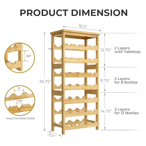 28-Bottle Wine Rack Free Standing Floor, Solid Wood 7-Tier Display Wine Storage Shelves with Tabletop, Wobble-Free Bottle Holder for Cellar Kitchen Bar Dining Room Living Room, Oak