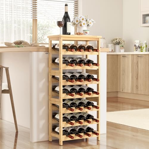 28-Bottle Wine Rack Free Standing Floor, Solid Wood 7-Tier Display Wine Storage Shelves with Tabletop, Wobble-Free Bottle Holder for Cellar Kitchen Bar Dining Room Living Room, Oak