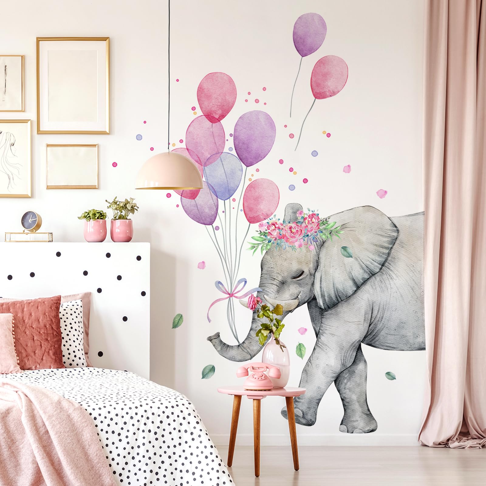 2 Sheets Giant Grey Elephant Wall Stickers Pink Balloons Peony Rose Flower Wall Decals DIY Watercolor Elephant Smile Walking Green Leaf Dots Decor for Kid Girls Bedroom Living Room Nursery Decoration
