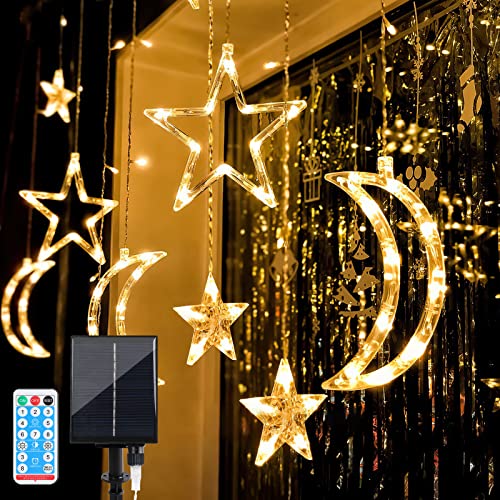 Techip Solar Lights Outdoor Moons Stars Lights 138LED Solar Powered String Lights Outside Waterproof Patio Lights Decor for Ramadan Porch Window Backyard Tent Garden,Warm White Lights with Remote