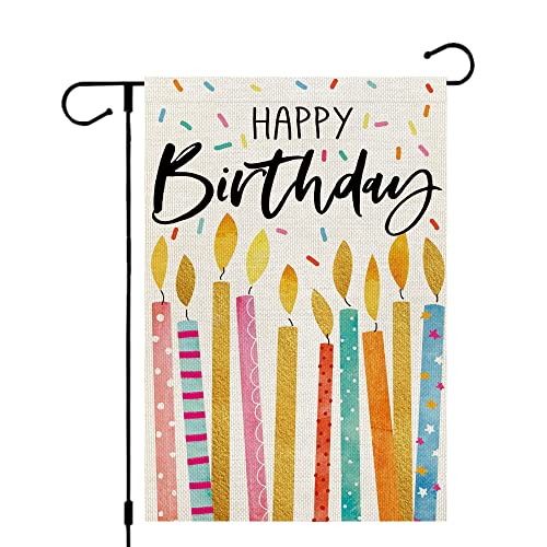 CROWNED BEAUTY Happy Birthday Garden Flag 12x18 Inch Double Sided Colorful Candles Outside Welcome Party Decoration Gift Yard Décor
