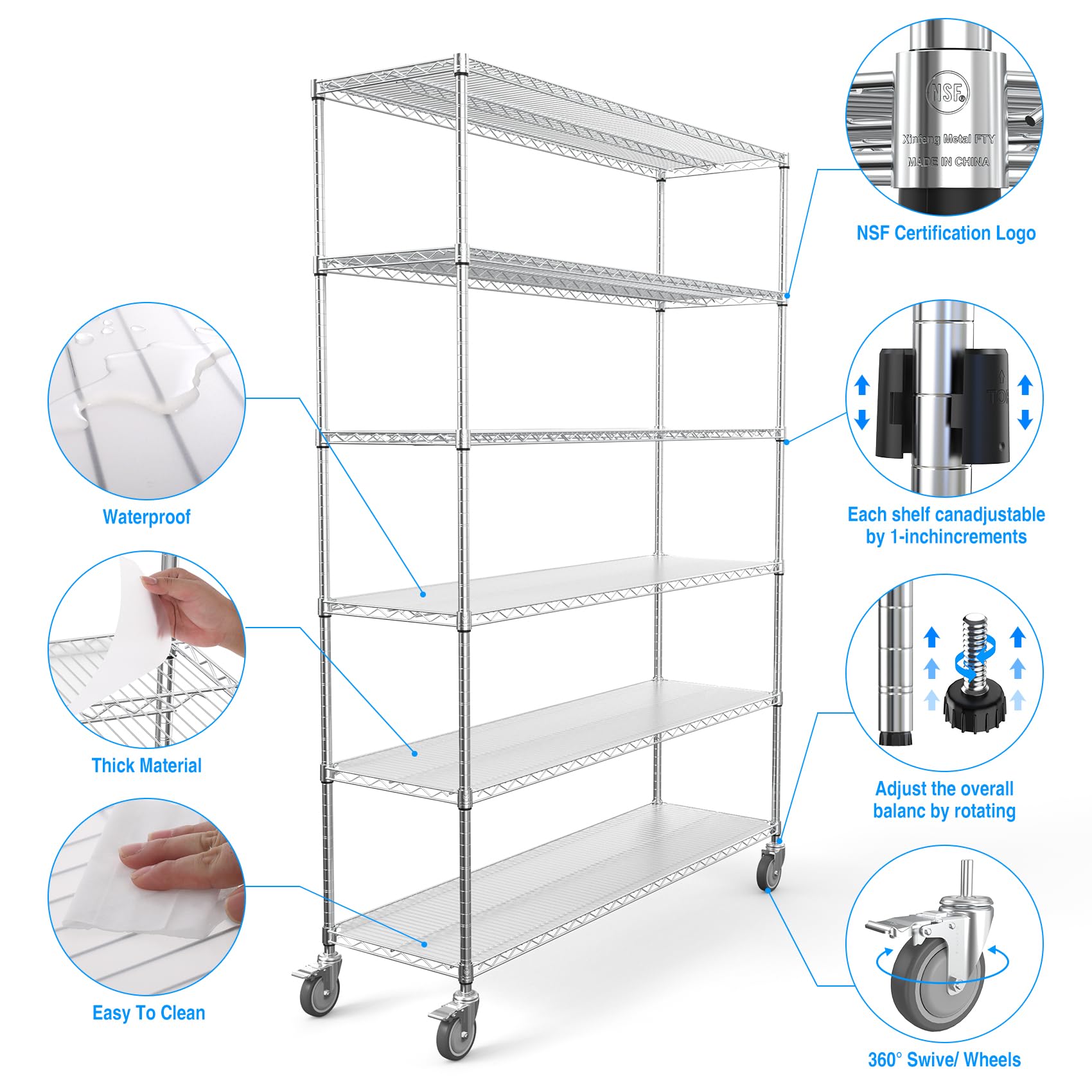 6 Tier 6000lbs Capacity NSF Metal Shelf Wire Shelving Unit, Heavy Duty Adjustable Storage Rack with Wheels & Shelf Liners for Commercial Grade Utility Steel Storage Rack, Chrome - 87.5"H x 60"L x 18"D
