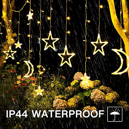 Techip Solar Lights Outdoor Moons Stars Lights 138LED Solar Powered String Lights Outside Waterproof Patio Lights Decor for Ramadan Porch Window Backyard Tent Garden,Warm White Lights with Remote