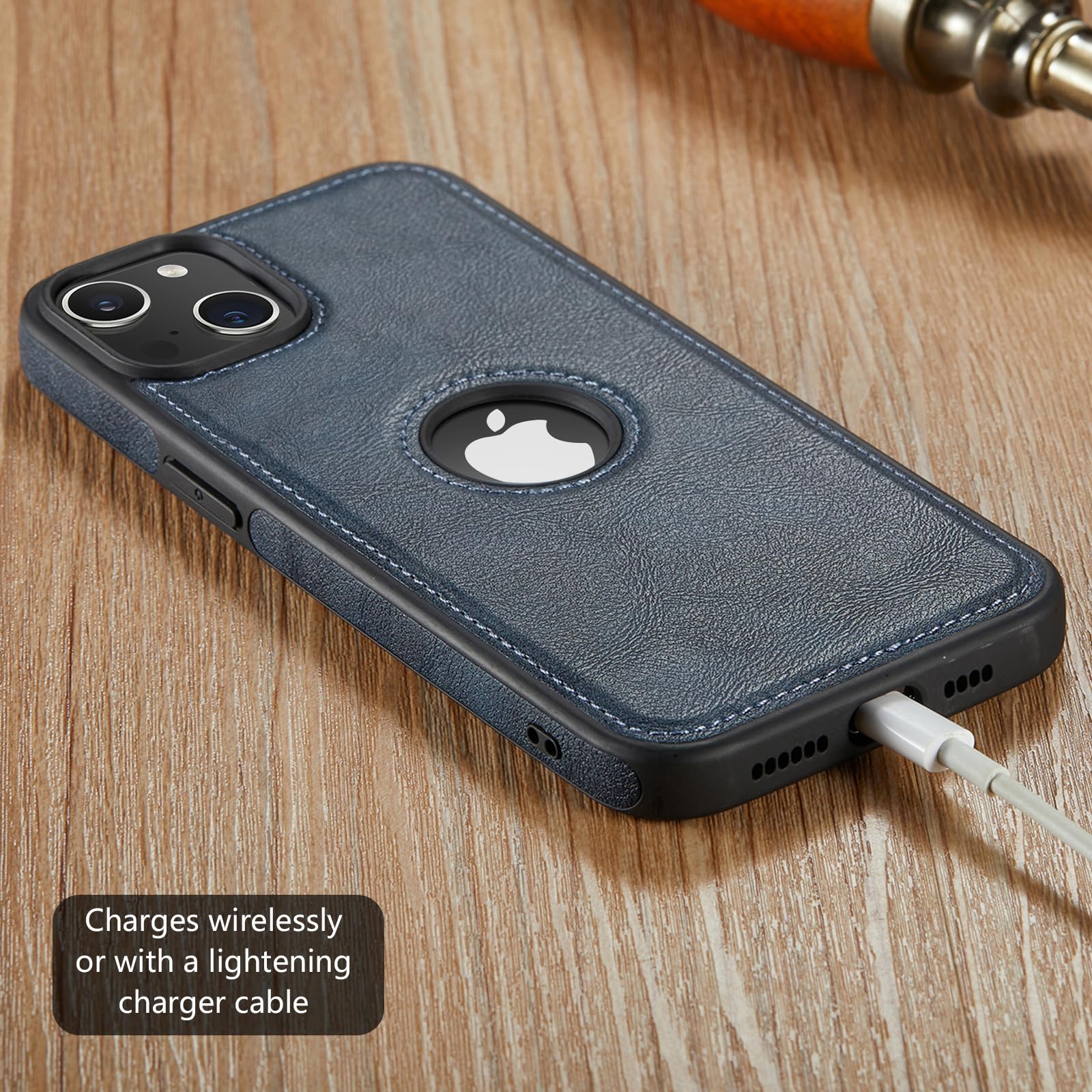 Casus Designed for iPhone 15 Case Vegan Leather Slim Logo View Classic Luxury Elegant Thin Protective Cover (2023) 6.1" (Blue)