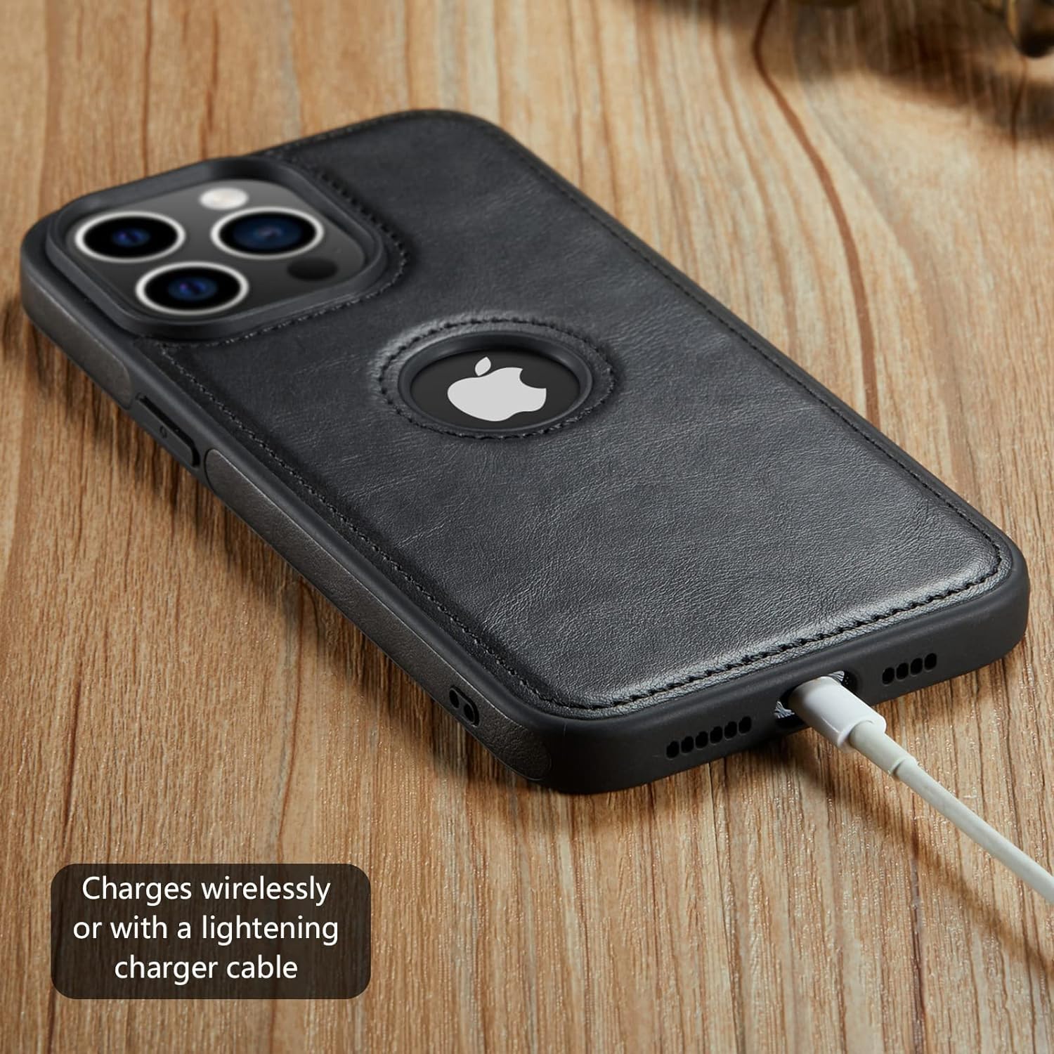 Casus Designed for iPhone 15 Pro Max Case Vegan Leather Slim Logo View Classic Luxury Elegant Thin Protective Cover (2023) 6.7" (Black)